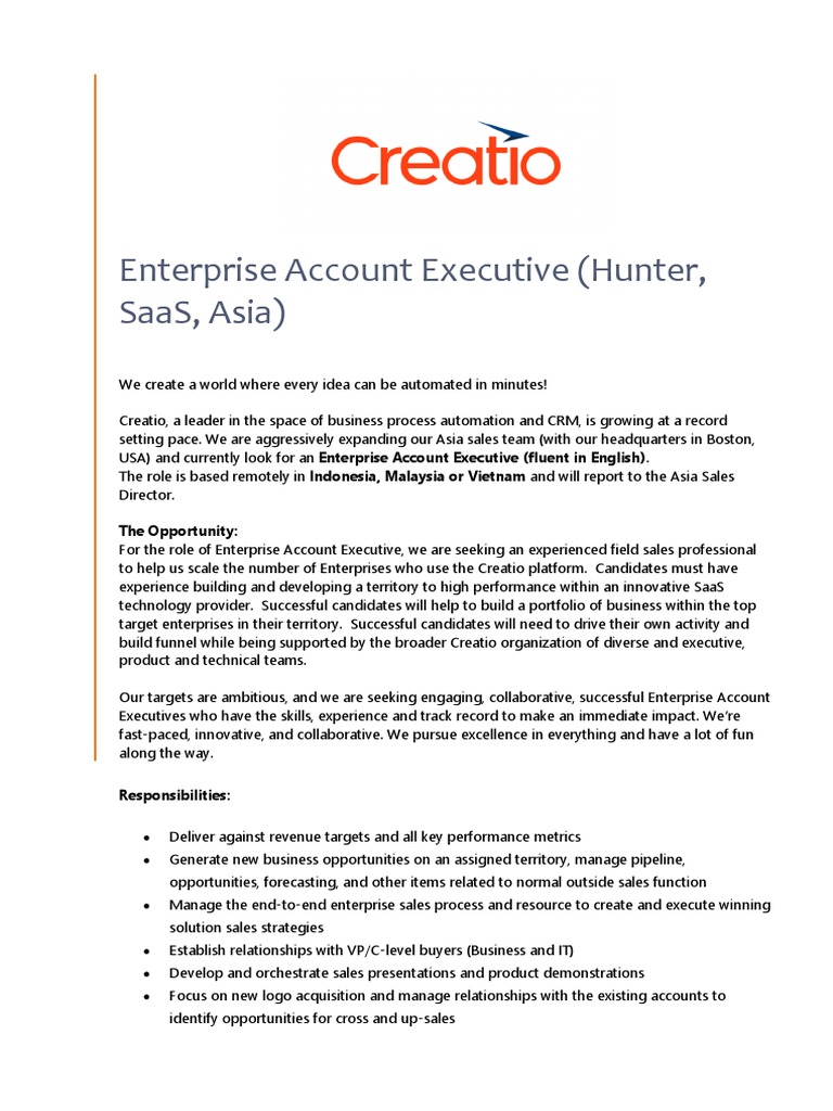 Job Brief Enterprise Account Executive Creatio Asia | PDF | Sales ...
