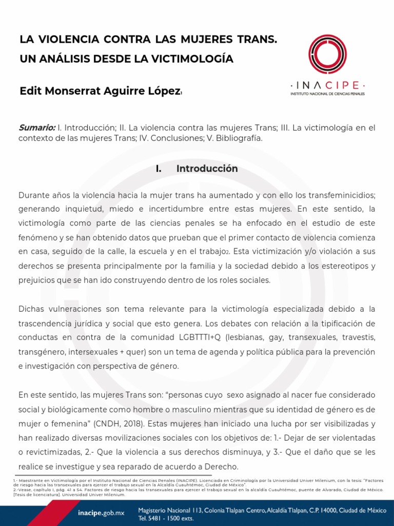 145 La Violencia Contra Las Mujeres Trans. Un Análisis Desde La Victimología | PDF | La ...