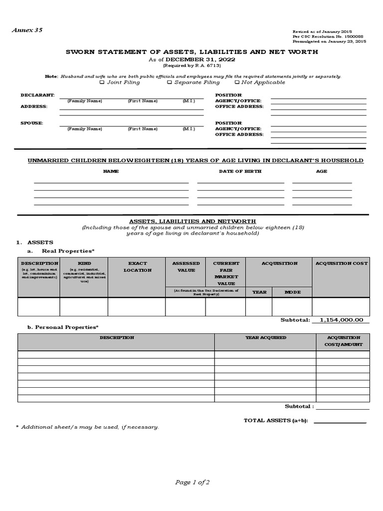 2015 SALN Form BLANK 1 Annex 35 For Saln 2022 | PDF | Net Worth | Business Economics