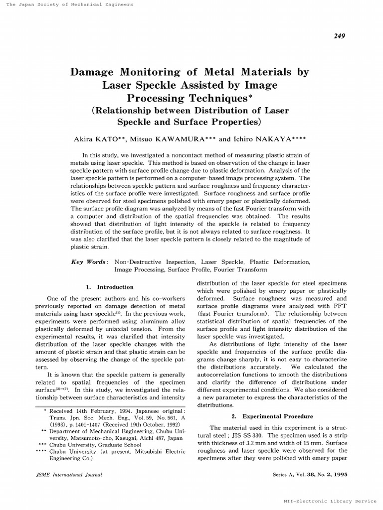 Metal Materials Laser Speckle by By: Damage Monitoring Assisted Image Processing Techniques ...
