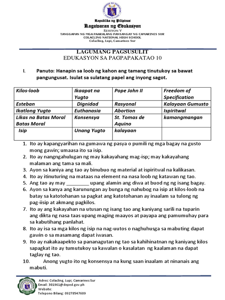 LAGUMANG-PAGSUSULIT-SA-ESP-10 | PDF