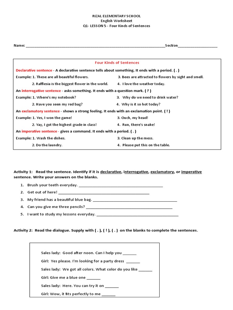 Four Kinds of Sentences Worksheet | PDF | Self-Improvement