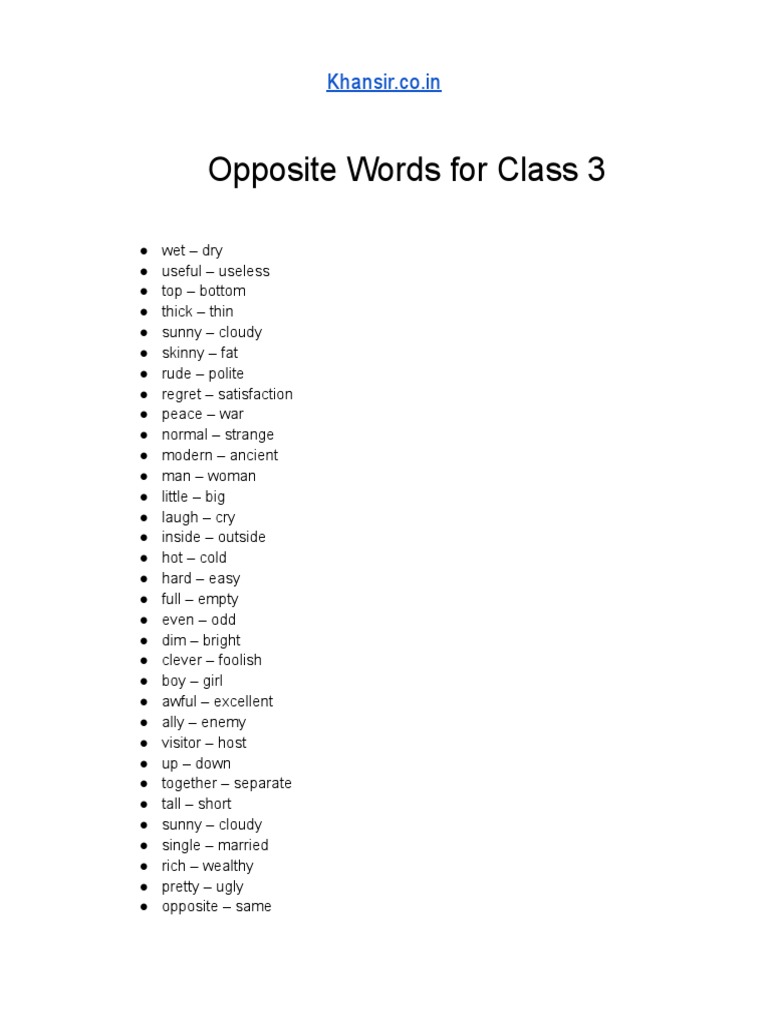 Opposite Words List for Class 3 | PDF