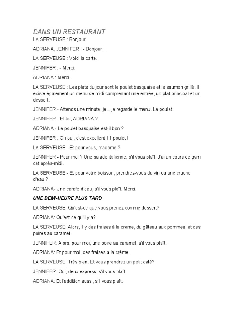 Dialogue au Restaurant en Français | PDF