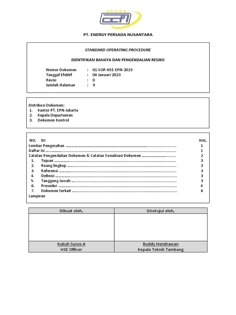 01-Sop-Hse-Epn-2022-Identifikasi Bahaya Dan Pengendalian Risiko Dan Ik | PDF