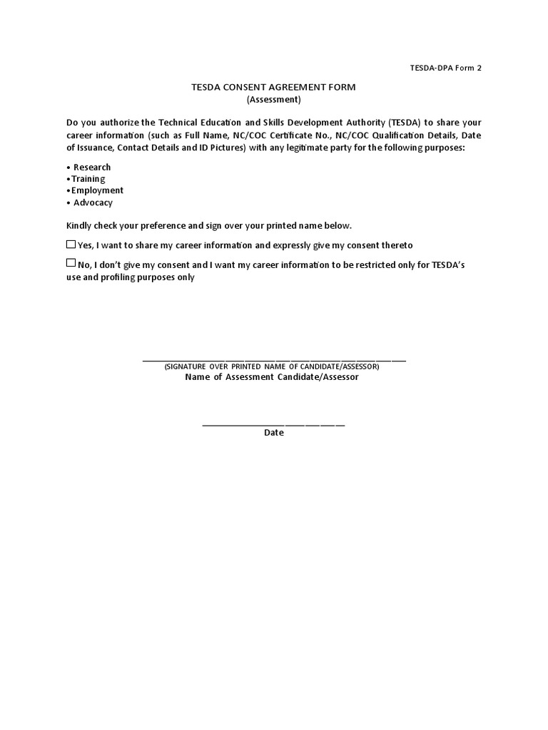 Tesda Consent Agreement Form | PDF