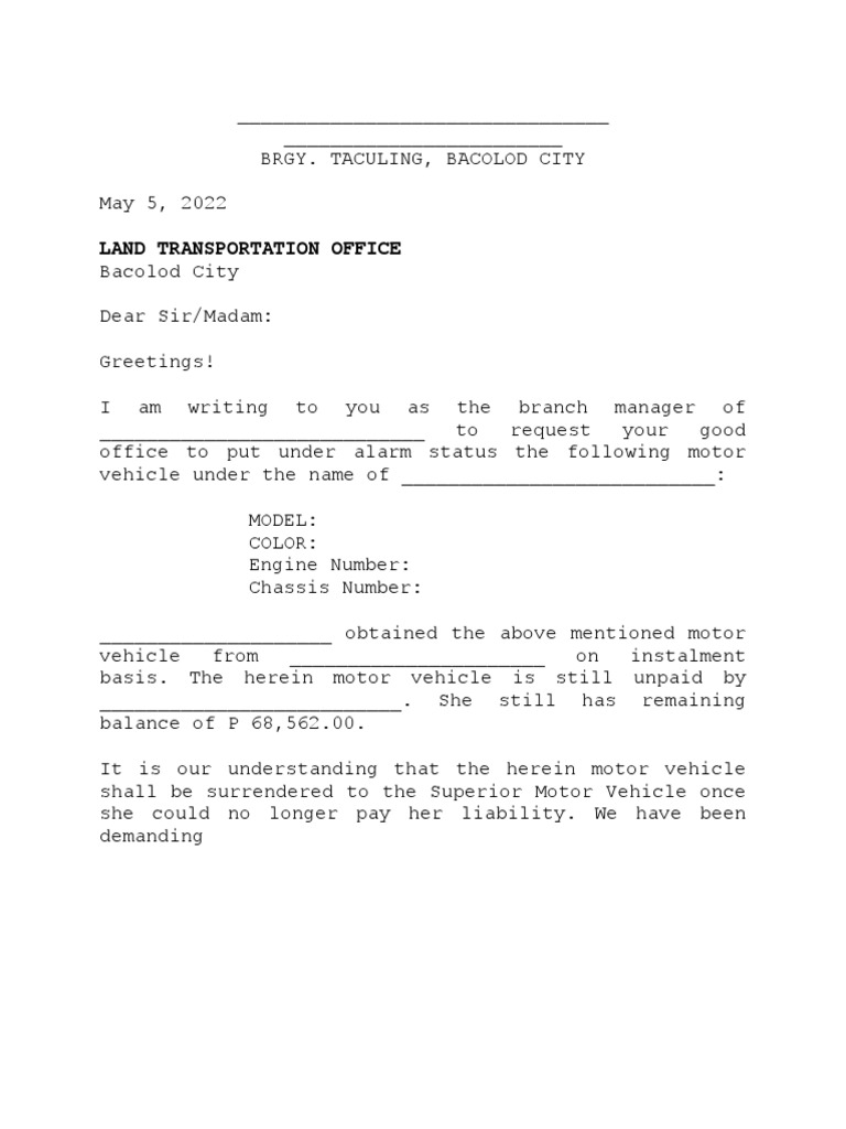 LTO Alarm Status Request Brgy Taculing Bacolod | PDF
