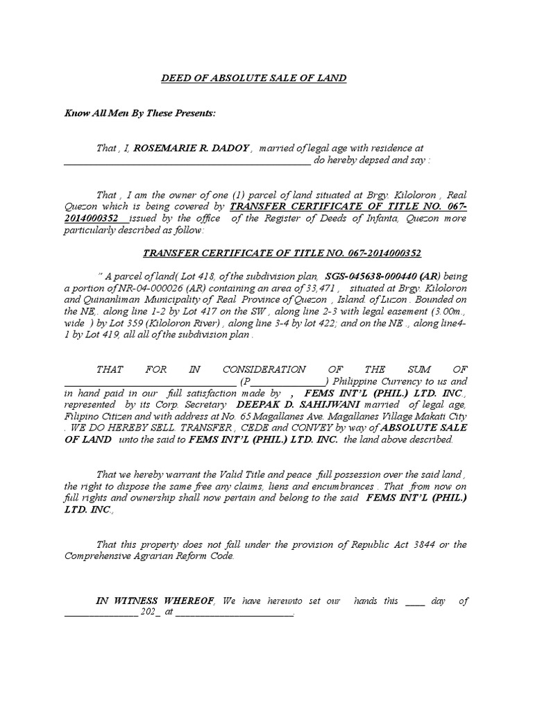 Deed of Absolute Sale of Land | PDF | Deed | Land Law