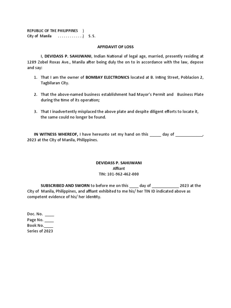 Affidavit of Loss - Devidass | Download Free PDF | Affidavit | Judiciaries