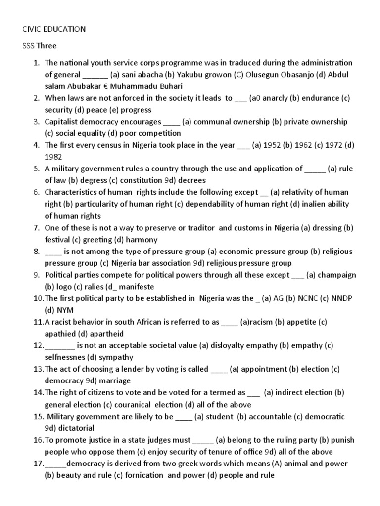SS3 Civic Education Exam Questions | PDF | Democracy | Political Ideologies
