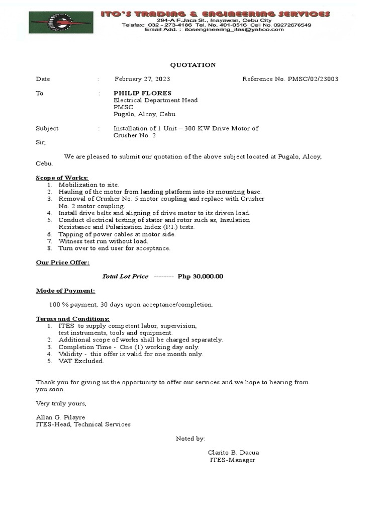 PMSC-Quotation 300 KW Motor - Odt | PDF