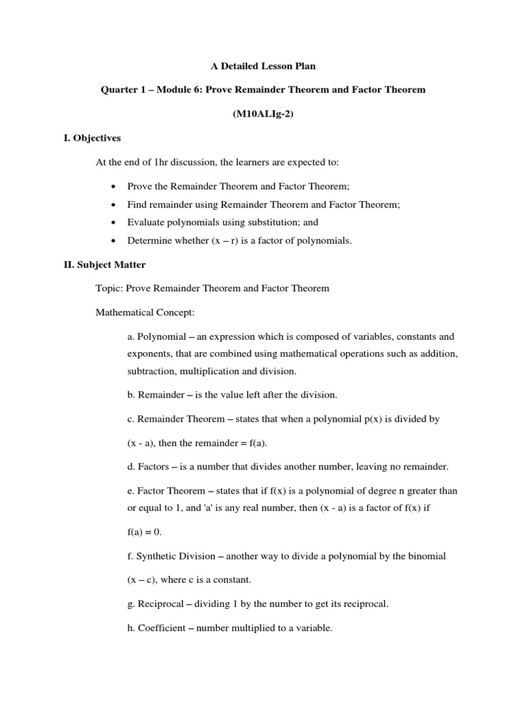 Remainder and Factor Theorem Worksheet | PDF | Factorization | Polynomial