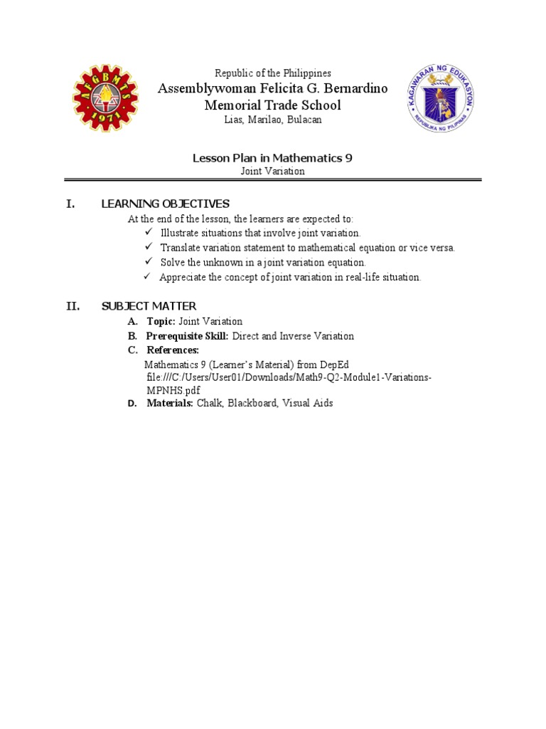 Joint Variation Lesson Plan for Grade 9 | PDF | Area | Variable ...