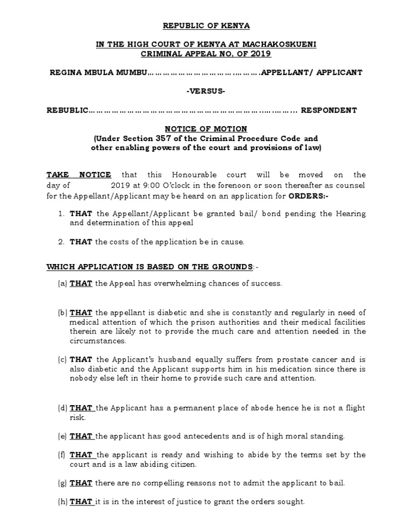 Notice of Motion Bail Regina Mbula Mumbu | PDF | Bail | Legal Procedure