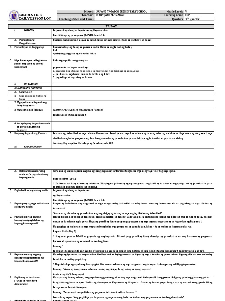 Grade 5 DLL ESP 5 Q4 Week 1 | PDF