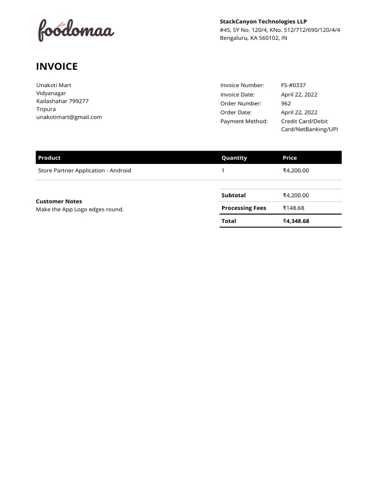 Invoice for Store Partner Application Development for Unakoti Mart ...