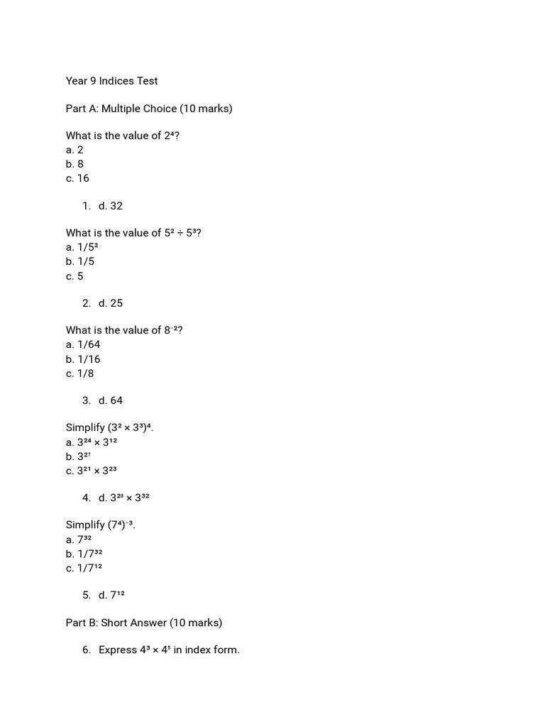 Year 9 Indices Test | PDF | Science & Mathematics | Computers