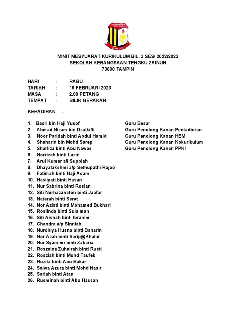 Minit Mesyuarat Kurikulum Bil 2 2022-2023 | PDF