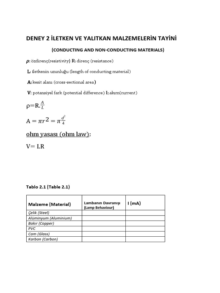 Deney 2 İletken Ve Yalitkan Malzemeleri̇n Tayi̇ni̇-1 | PDF