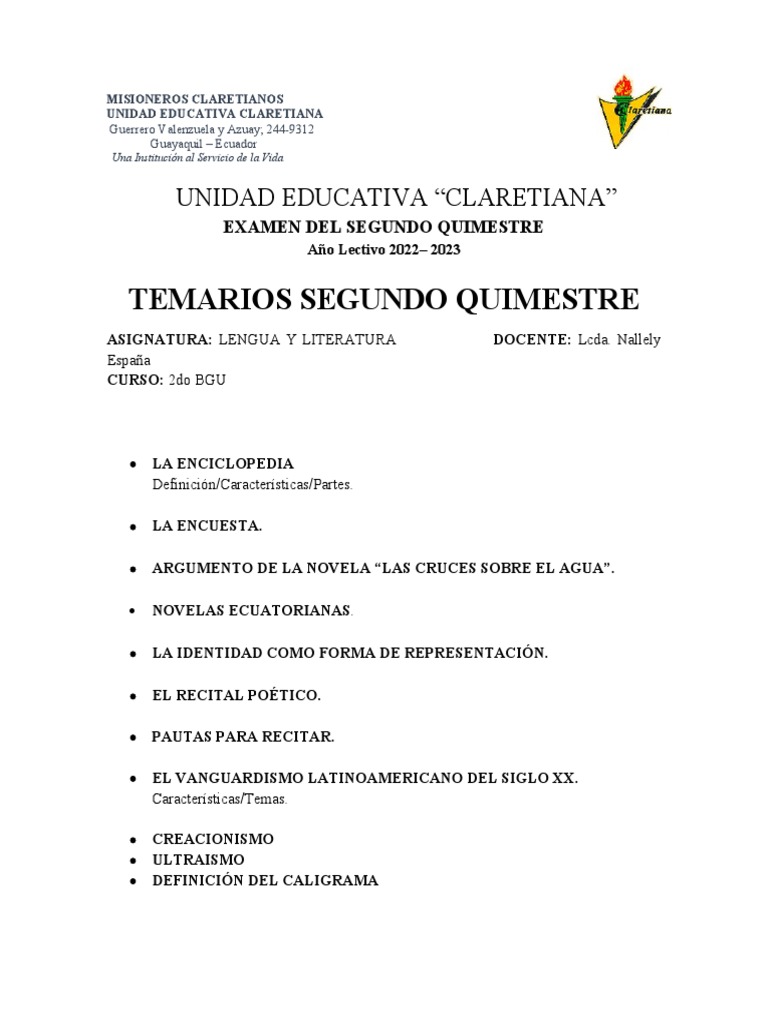 Temarios Quimestrales 2do Lengua y Literatura | PDF