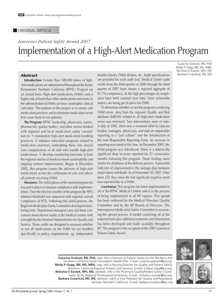 Implementation of A High-Alert Medication Program: Lawrence Patient Safety Award 2007 | PDF ...