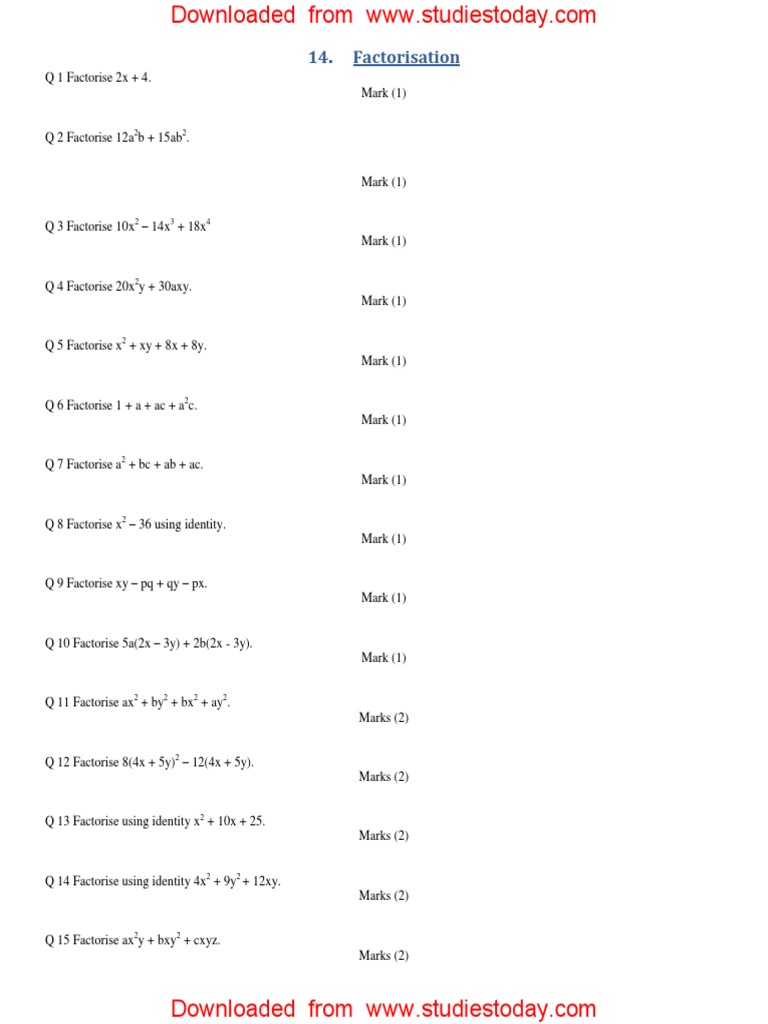 CBSE Class 8 Mathematics Worksheet - Factorisation | PDF ...