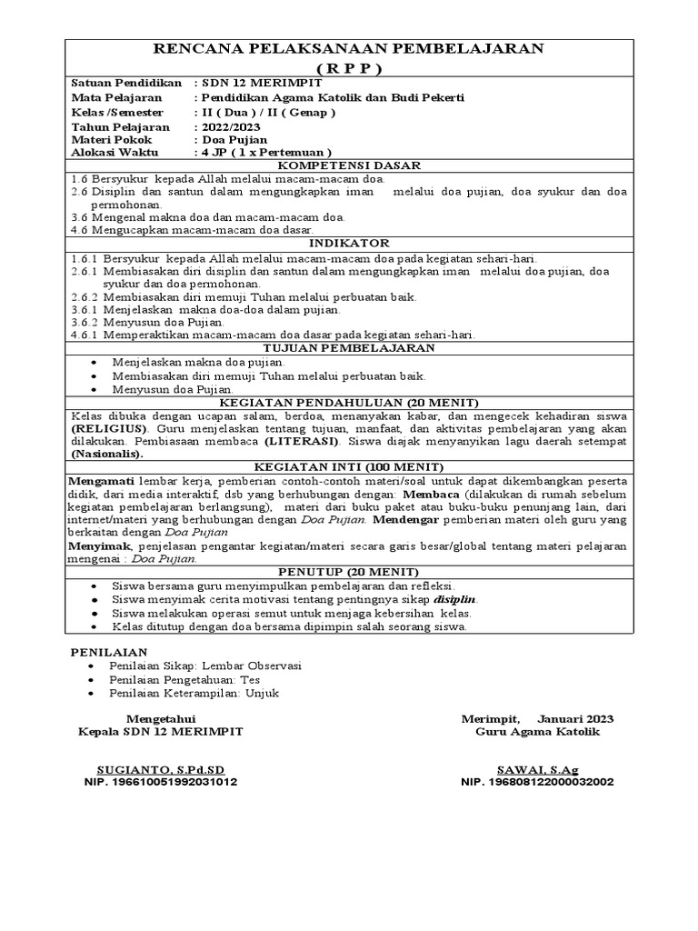 RPP 6 B. Doa Pujian | PDF