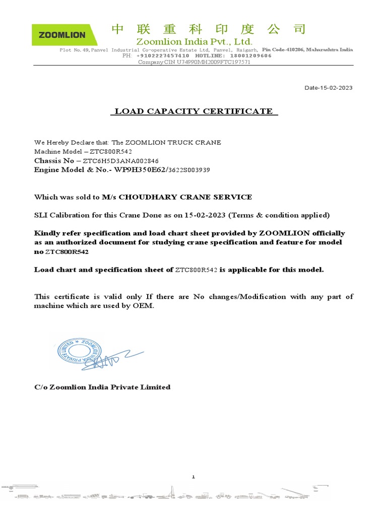 Load Capacity Certificate ZTC800R542 - ZTC6H5D3ANA002846 - Choudhary ...