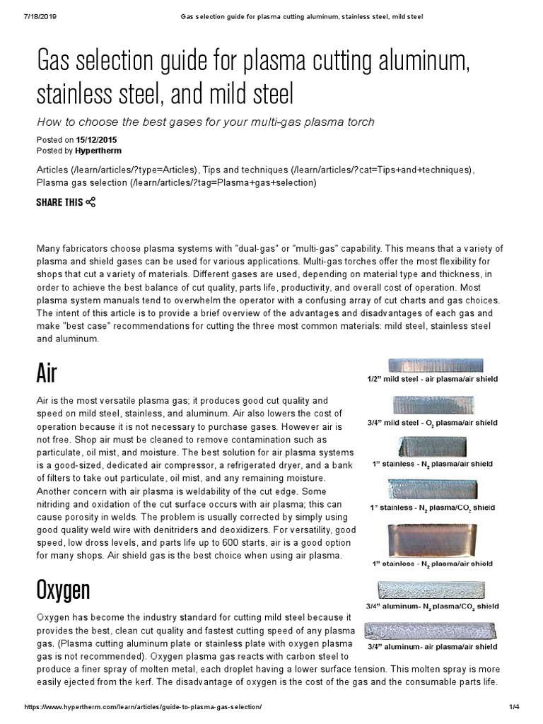 Gas Selection Guide For Plasma Cutting Aluminum, Stainless Steel, Mild ...