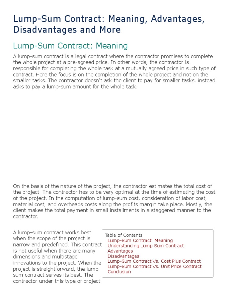 Lump Sum Contract - Meaning, Advantages, Disadvantages and More - eFM ...