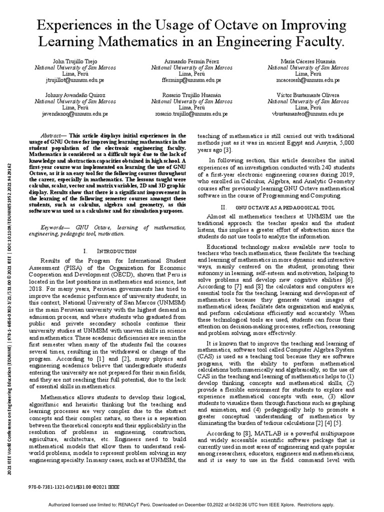 Experiences in The Usage of Octave On Improving Learning Mathematics in ...
