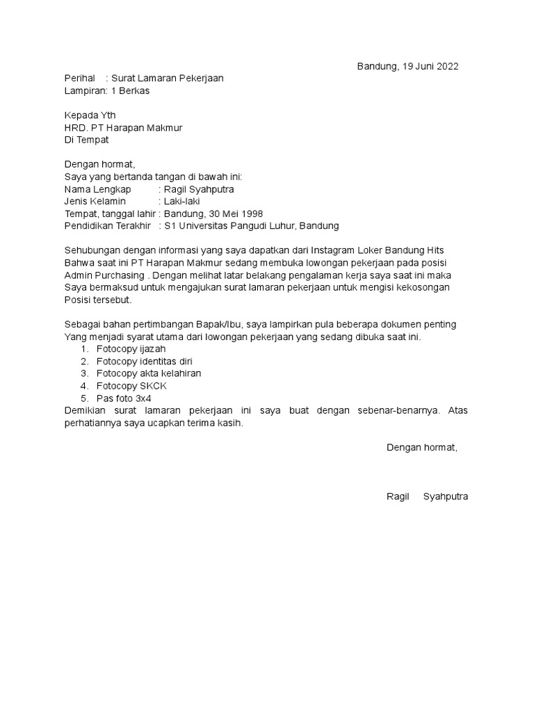 Lamaran Pekerjaan Admin Purchasing | PDF
