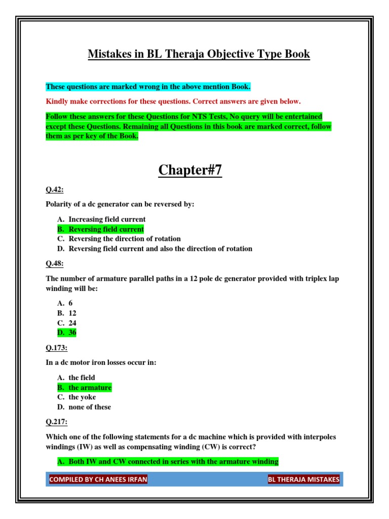 Corrections for BL Theraja Objective Book | PDF | Transformer ...