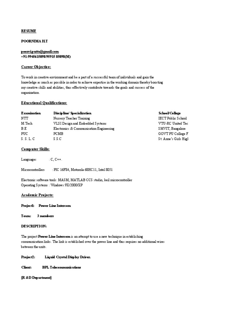 Resume of Poornima H.T for teaching roles | PDF | Microcontroller | Embedded System
