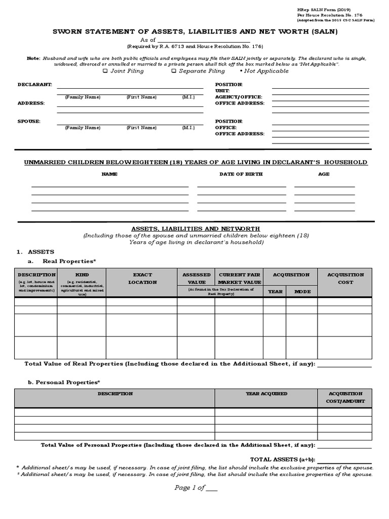 Saln Blank Format | PDF | Net Worth | Economies