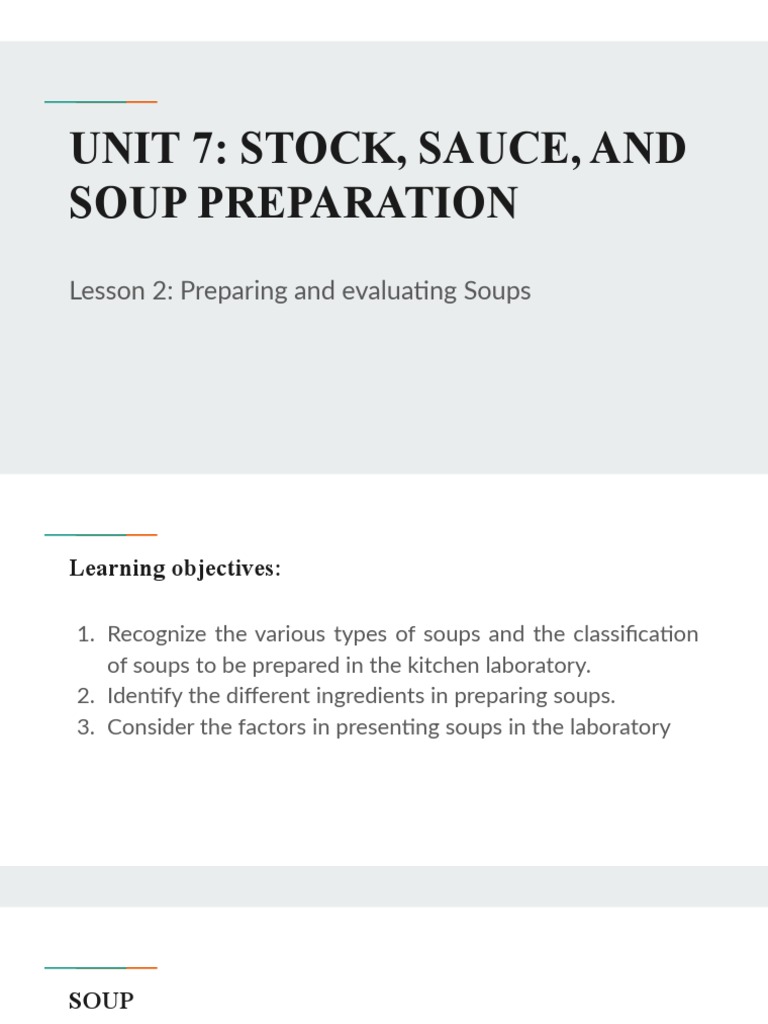 U7 L2preparing and Evaluating Soups | PDF | Soup | Food Ingredients