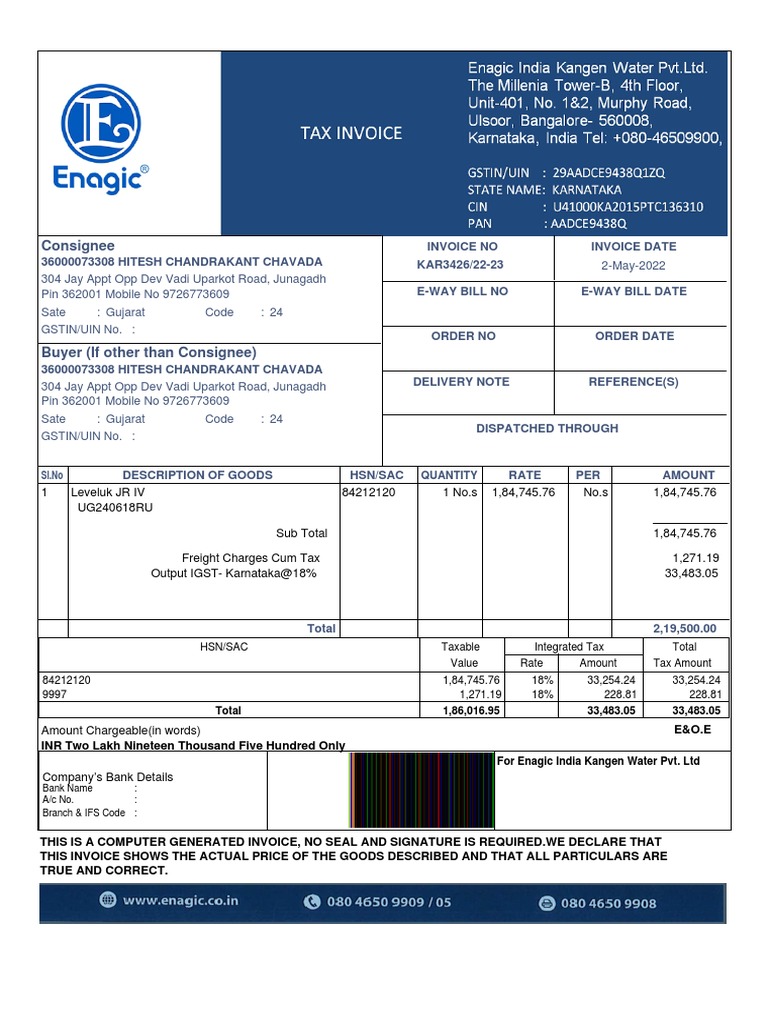 E-Bill From Enagic India PDF | PDF | Legal Liability | Private Law