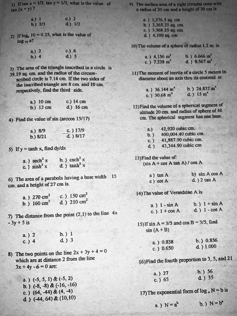 Engineering Board Exam Math Review Questions | PDF