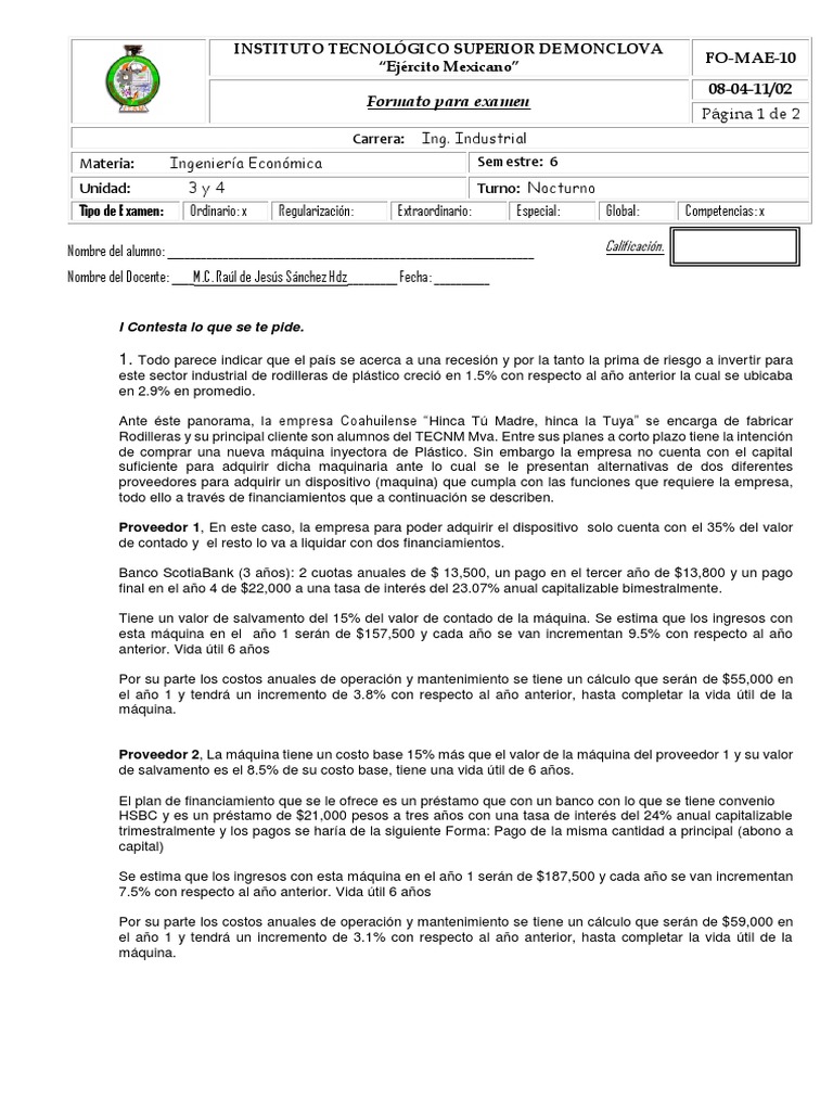 EXAMEN Ingenieria Economica 3 Parcial v2 | PDF | Economias