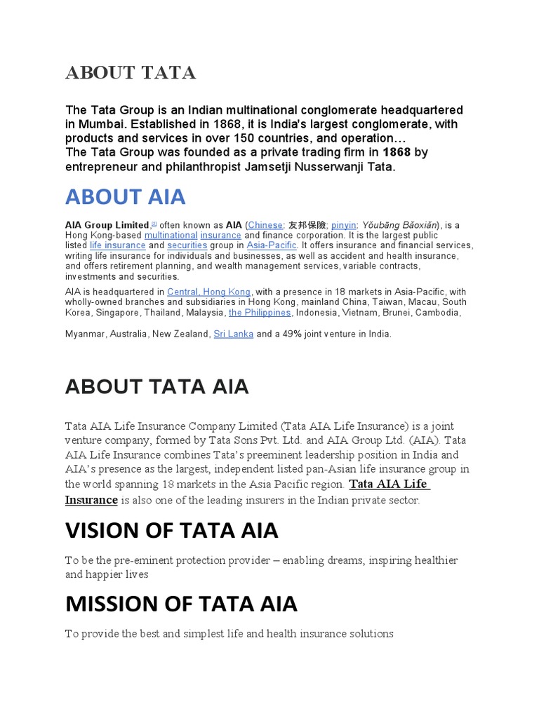 Overview of Tata AIA Life Insurance | PDF | Career & Growth | Finance ...