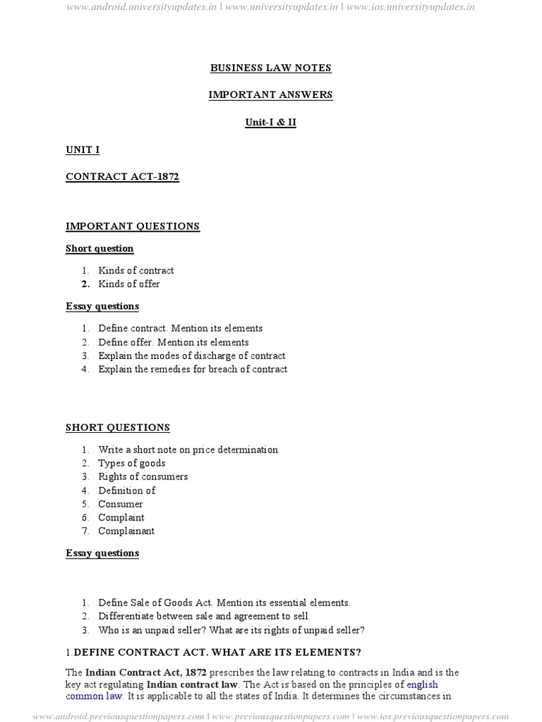 Business Law Notes (IMPORTANT QUESTIONS) - UNIT 1 AND 2 | PDF | Breach ...