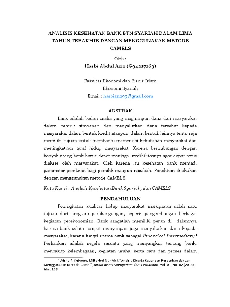 Analisis Kesehatan Bank BTN Syariah Dalam Lima Tahun Terakhir Dengan Menggunakan Metode Camels | PDF