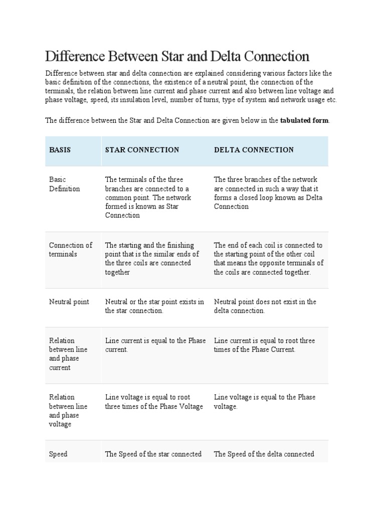 Difference Between Star and Delta Connection | PDF | Electrical ...