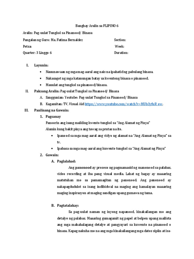 Banghay Aralin Sa FLIPINO 6 PDF | PDF