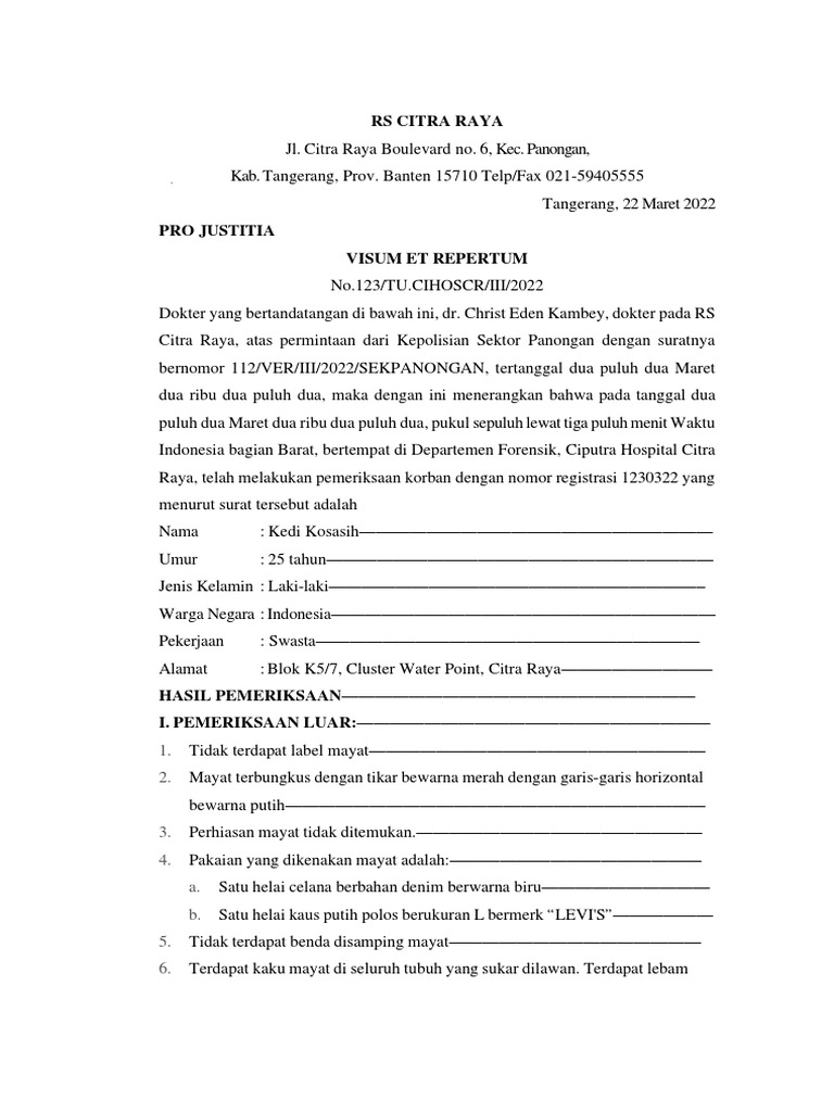 Contoh Visum Et Repertum Jenazah | PDF