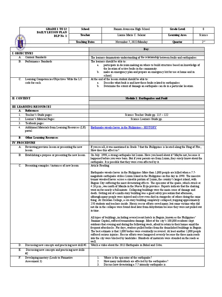 DLP Science 8 Wk1D1 2nd QTR | PDF | Earthquakes | Learning
