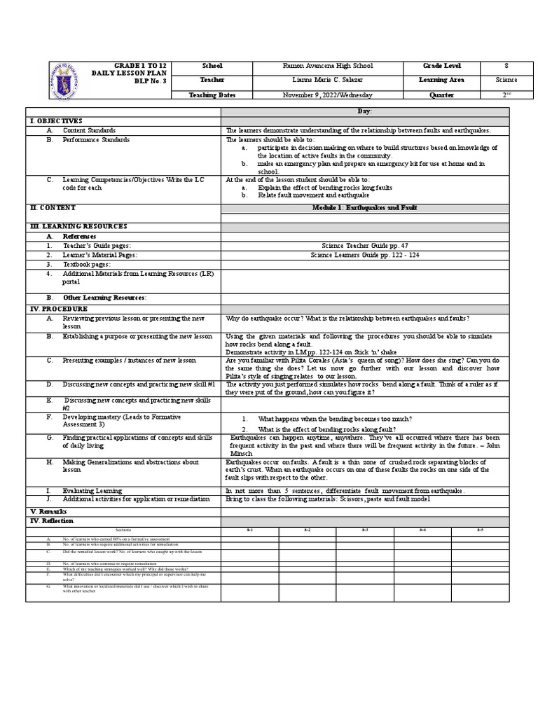 DLP Science 8 Wk1D3 2nd QTR | PDF | Learning | Earthquakes