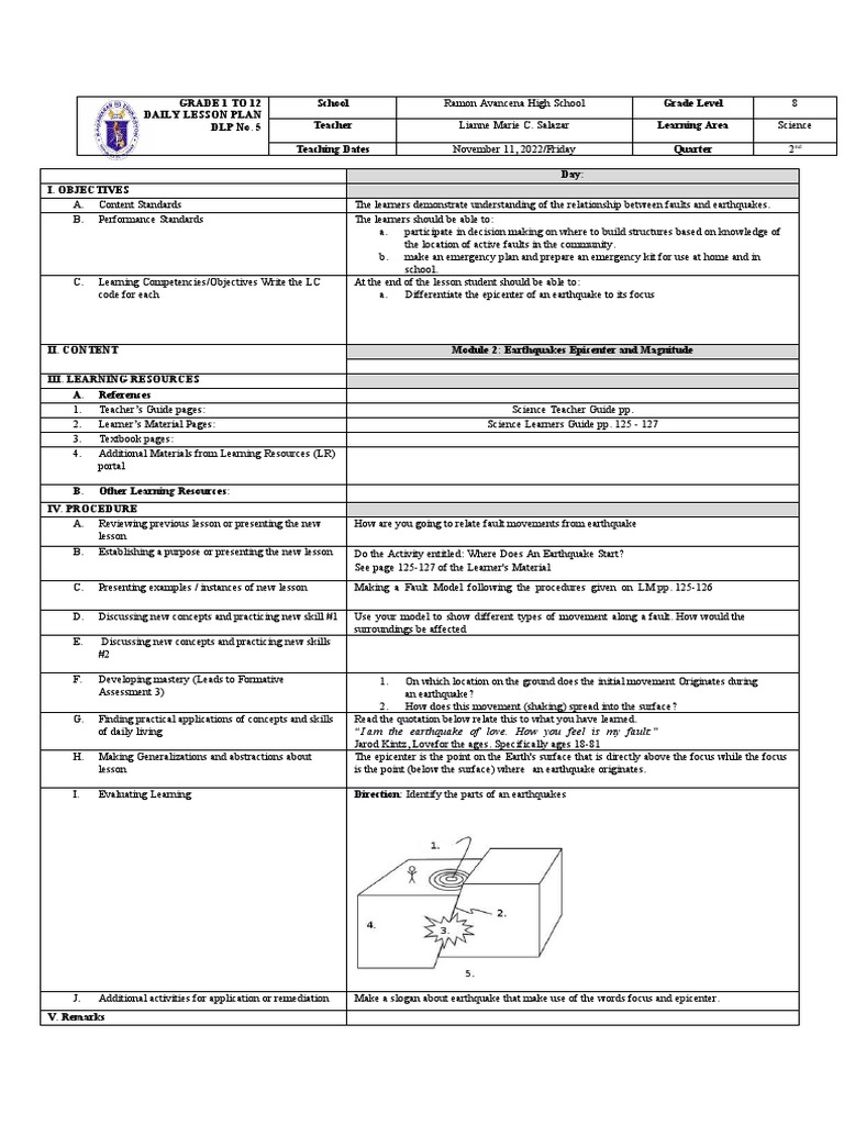 DLP Science 8 Wk1D5 2nd QTR | PDF | Learning | Earthquakes
