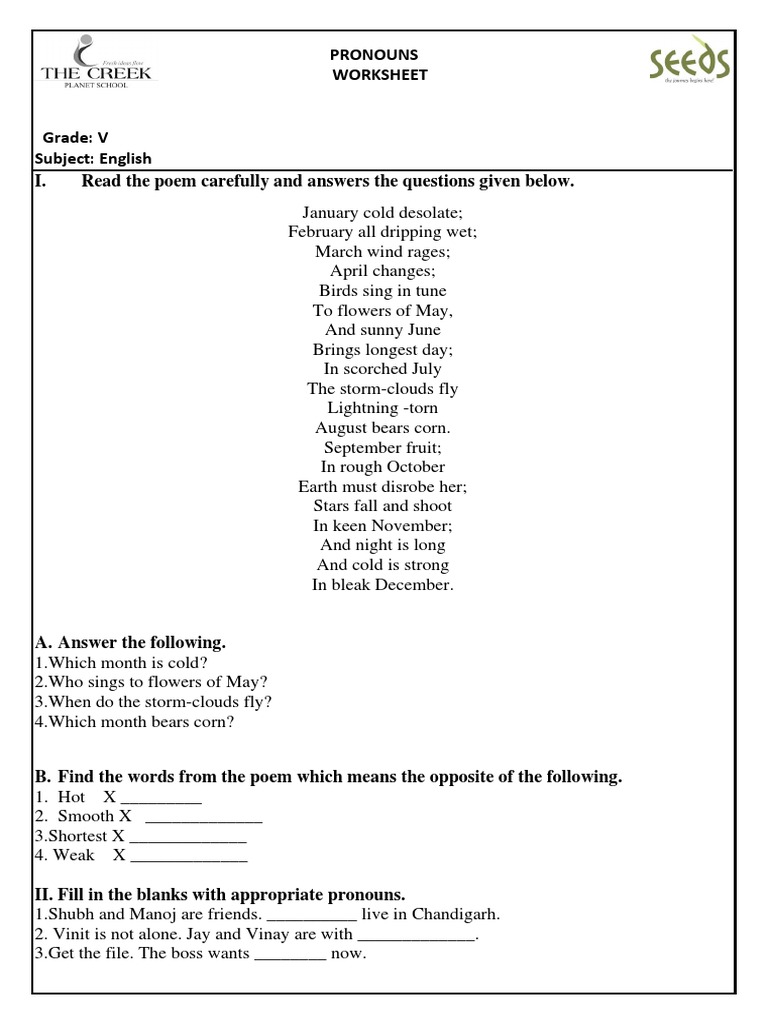 GRADE 5_ PRONOUNS _ WORKSHEET | PDF | Pronoun | Languages