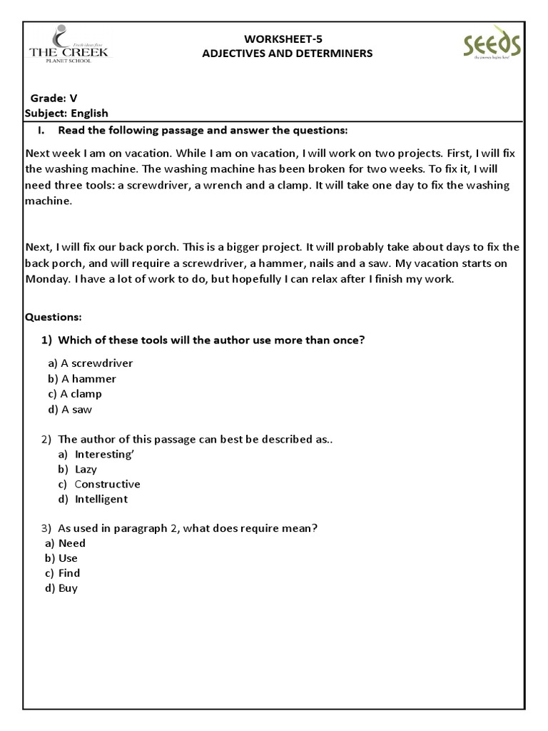 Grade 5 - Worksheet5 - Adjectives and Determiners - Worksheet | PDF